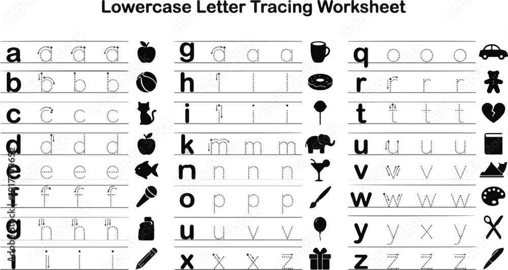 2026 Preschool Lowercase Letter Tracing Worksheet with Silhouette Icons ...
