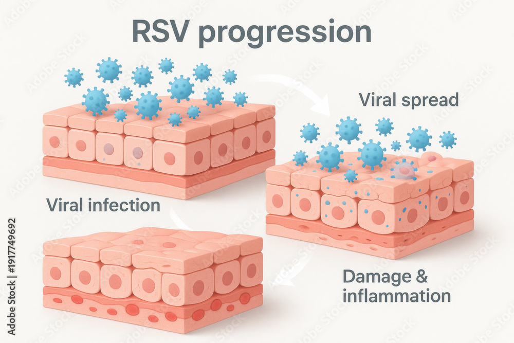 Medical diagram of RSV progression shows viral infection and spread ...