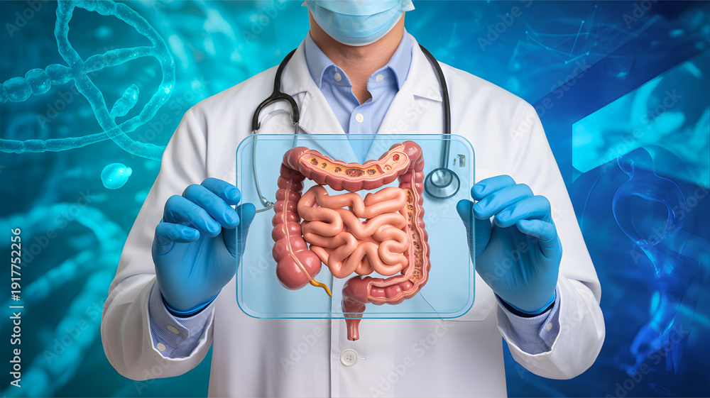 Stock-Foto „Doctor holding a 3D model of the human intestines ...