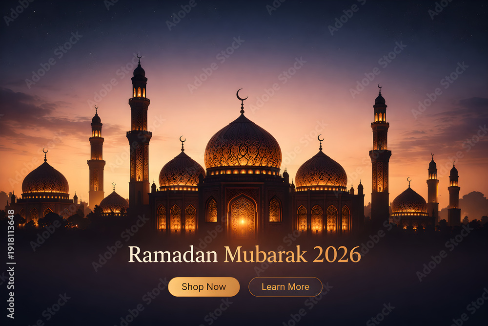 Ramadan Mubarak 2026 greeting with a silhouette of a grand mosque ...