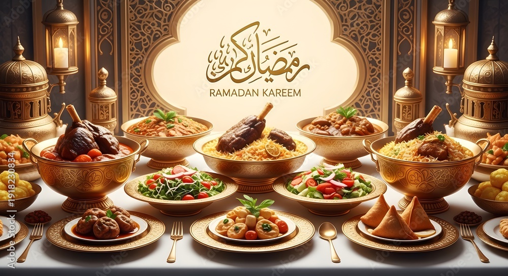 Ramadan Iftar feast traditional Arabic food table setting with dates ...