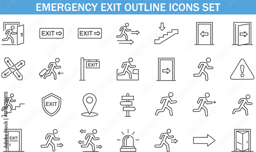 Emergency exit outline icons set, evacuation route direction signs ...