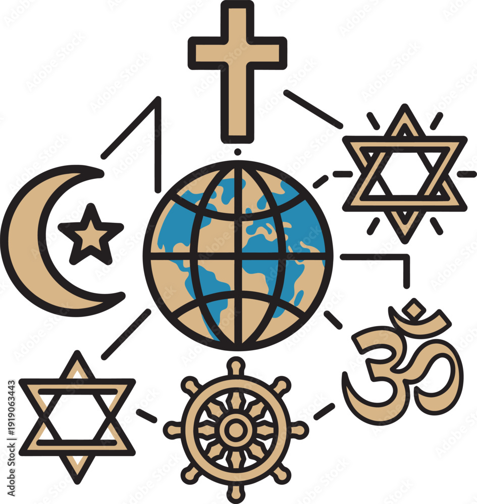 Comparative theology interfaith religious symbols vector illustration ...