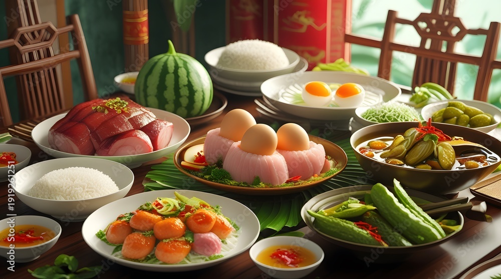 Fotografia do Stock Lunar New Year with traditional foods: pork belly ...