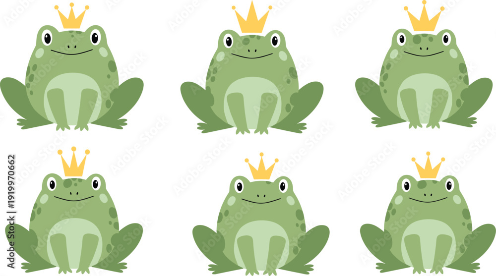 Cute Frog Prince Vector Collection with Crowned Green Toad Characters ...