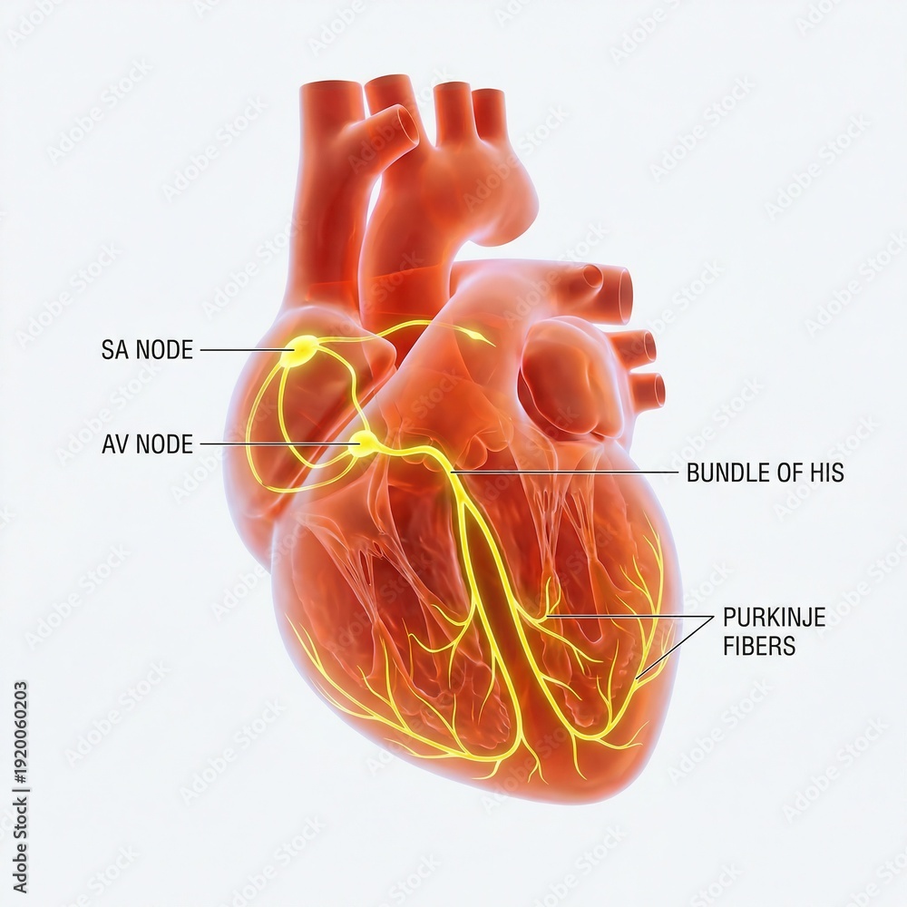 Detailed anatomical model of human heart showing electrical conduction ...