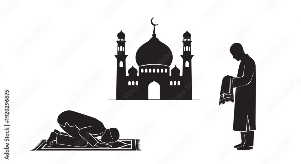 Muslim man prayer silhouette set showing Islamic salah positions ...