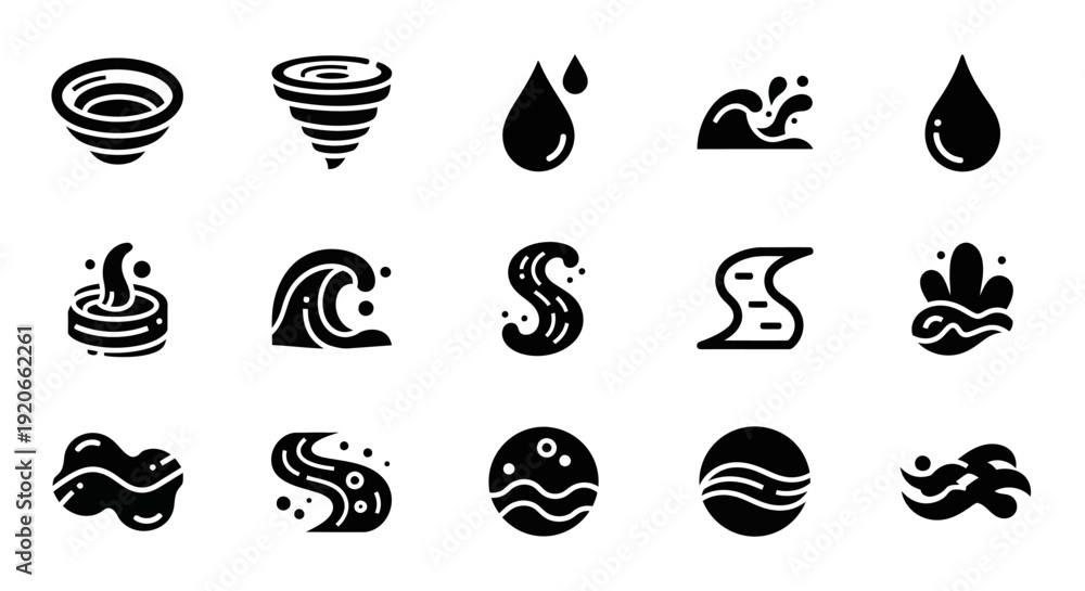 Water and Liquid Icons Set: Flow, Waves, Drops, and Vortex Symbols for ...