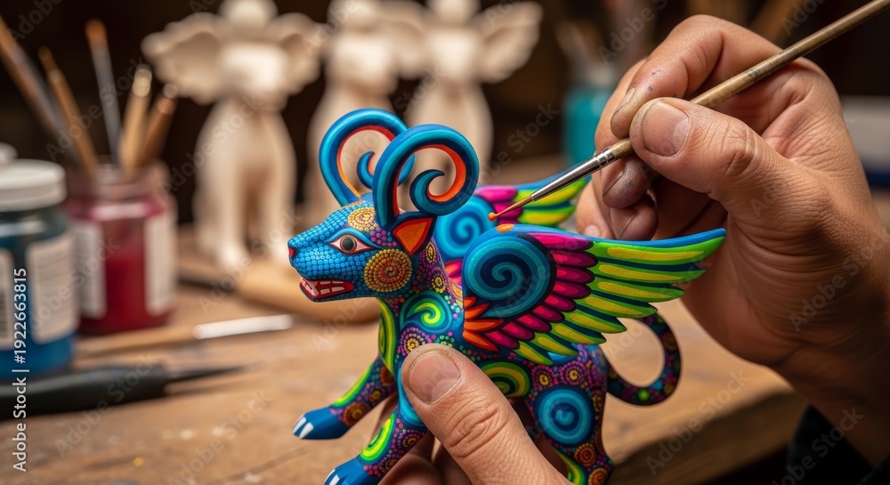 Man hand painting alebrije figure. Traditional Mexican folk art ...