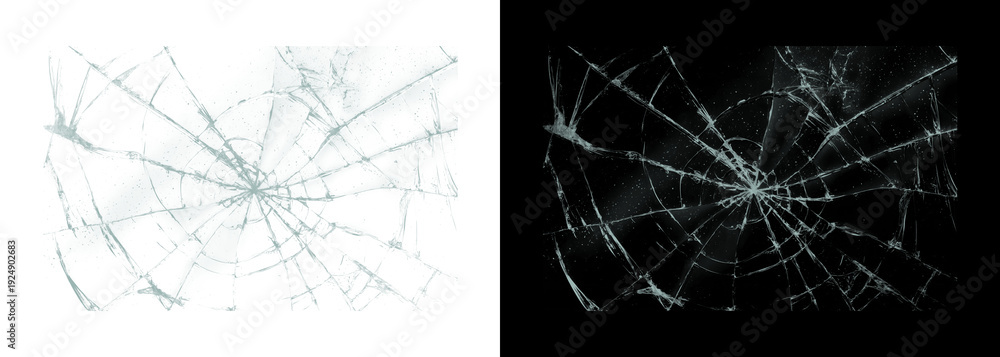 Cracked glass shattered screen on white and black backgrounds の Stock ...