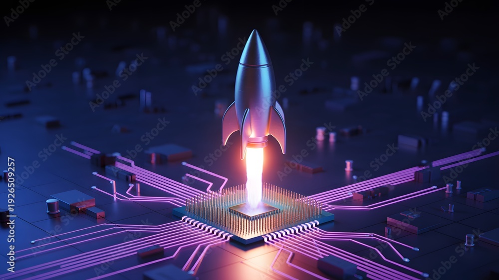 Futuristic rocket launching from AI microchip, digital innovation and ...