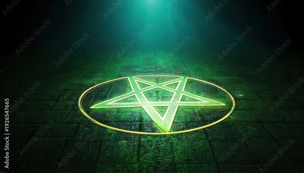 Mystical Green Pentagram Symbol on Dark Floor with Light. Stock ...