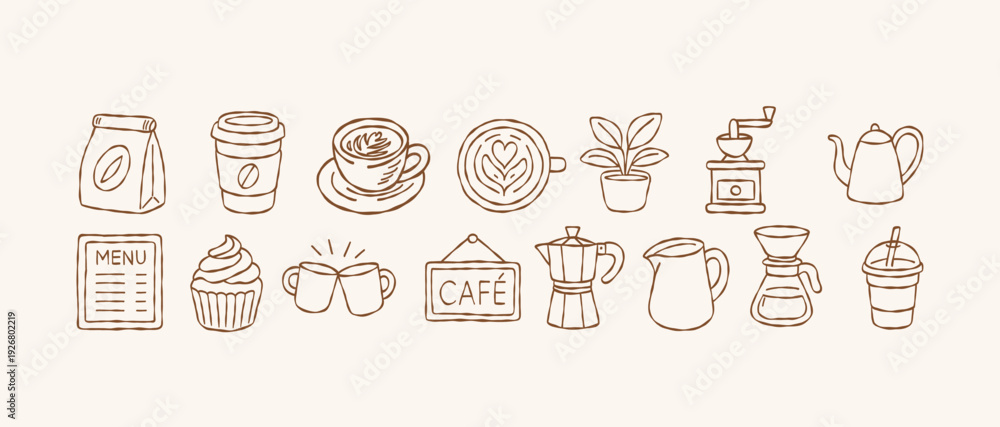 Minimalist coffee element vector set with espresso machine grinder ...