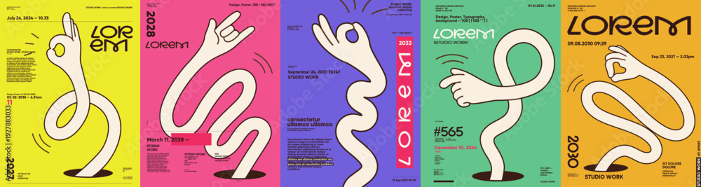 Colorful abstract posters featuring elongated, stylized hands making ...