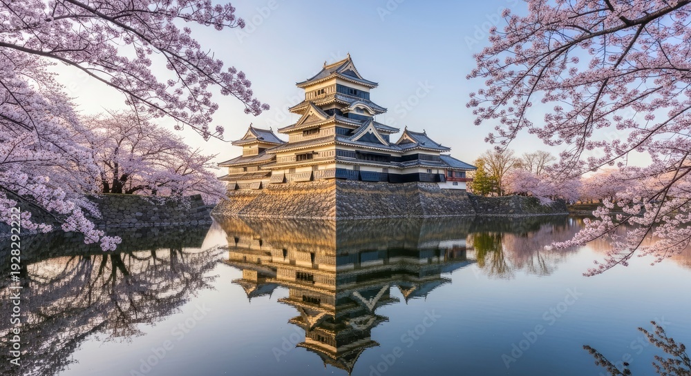 Historic Japanese Castle Reflected in Water Amidst Blooming Cherry ...