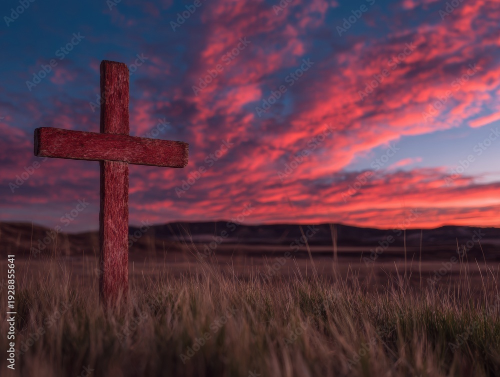 Christian cross standing in a grassy meadow at sunset with a dramatic ...