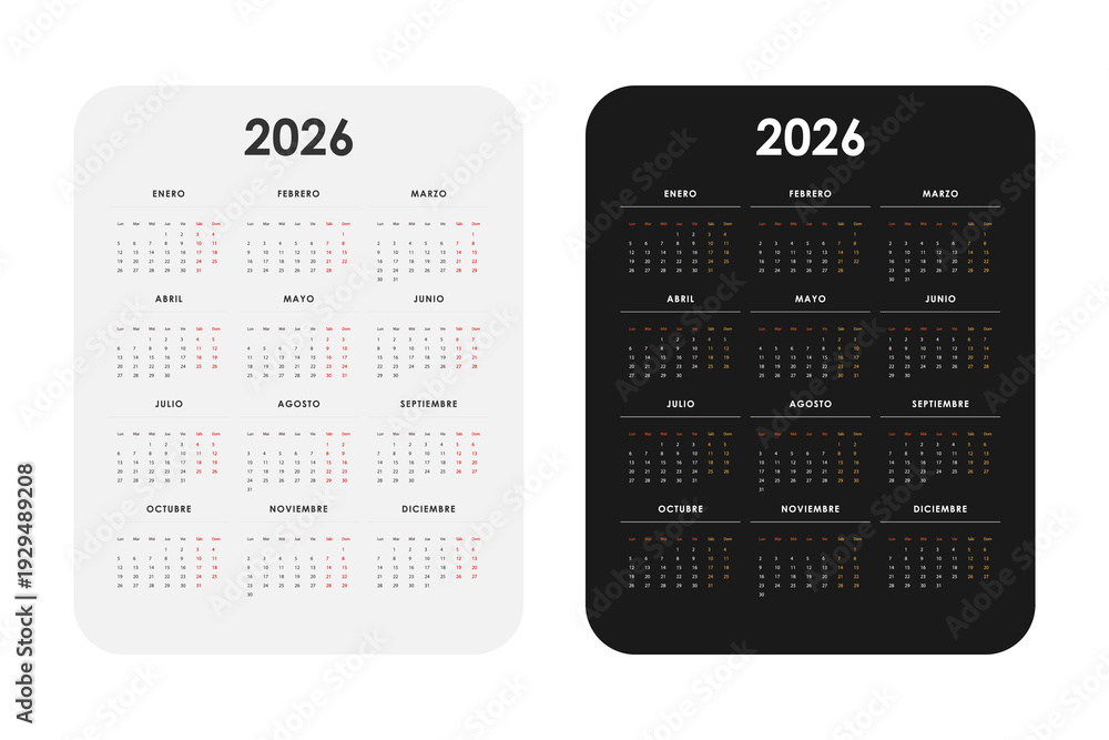 Spanish calendar 2026 template with months in Spanish language. Clean ...
