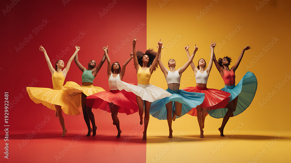 Group of dancers in colorful tutus performing synchronized ballet poses ...