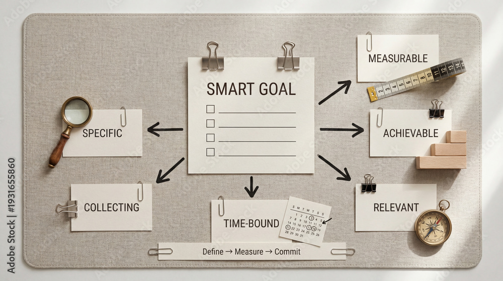 SMART Goals Breakdown Diagram, Mixed Media Flat Lay With Real Objects ...