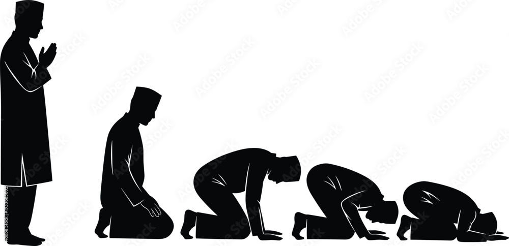Muslim Man Silhouette Showing Steps of Islamic Prayer Salah Positions ...