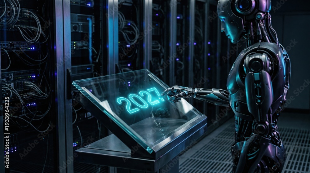 Humanoid robot using glass console in data center with 2027 glow. New ...