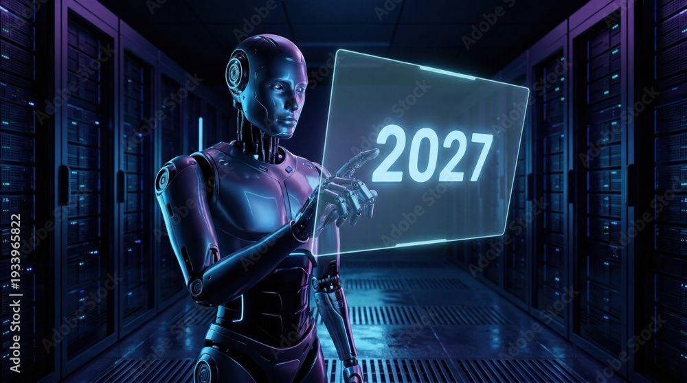 Photo Stock Robot in purple-lit data center touching 2027 hologram ...