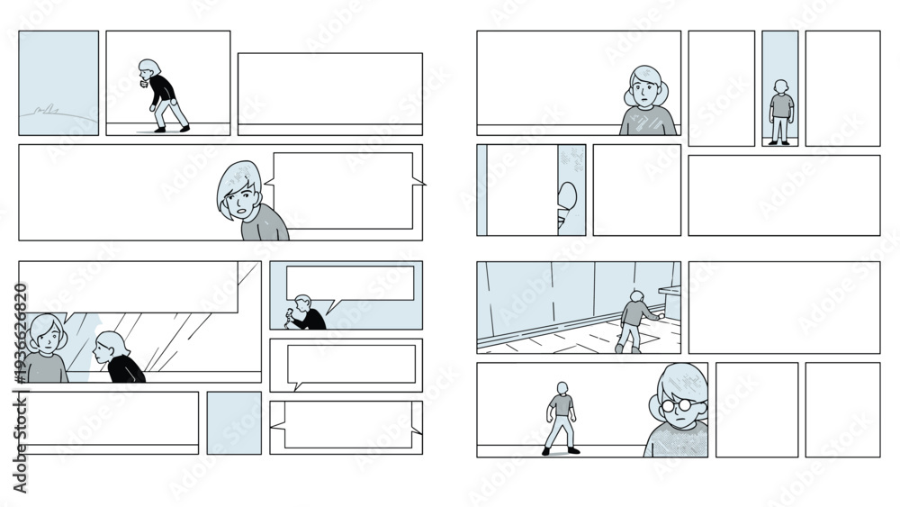 Comic book page layout with panels showing characters in a modern ...