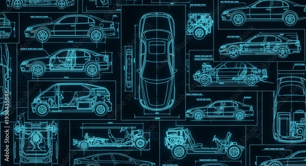 Blueprint Schematics of Various Car Models and Designs. Stock Vector ...