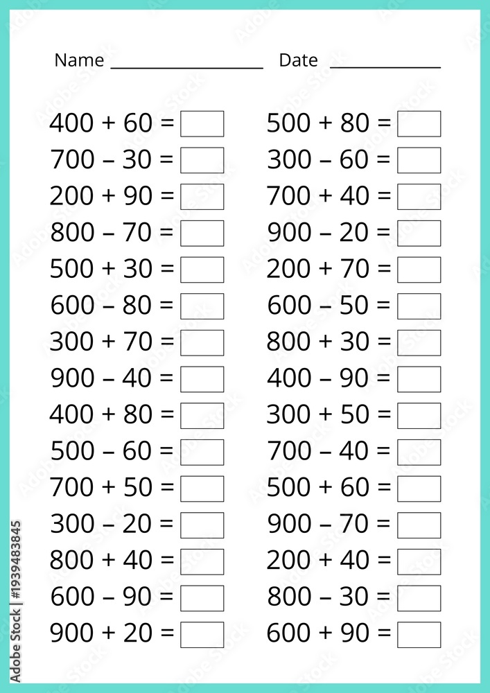 Ilustración de Stock PRINTABLE MATH WORKSHEET FOR CHILDREN WITH NAME ...