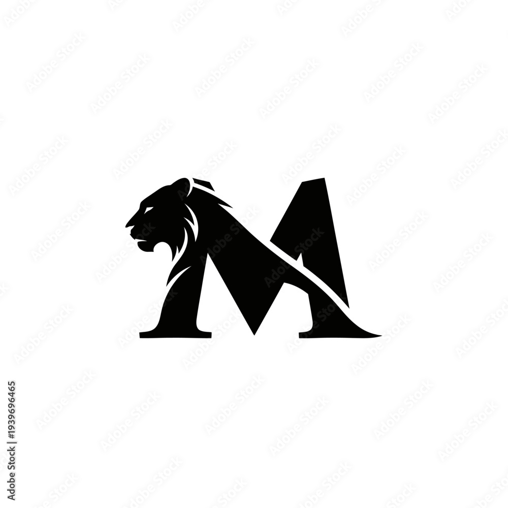 Lion head silhouette merged with letter m logo design on white ...