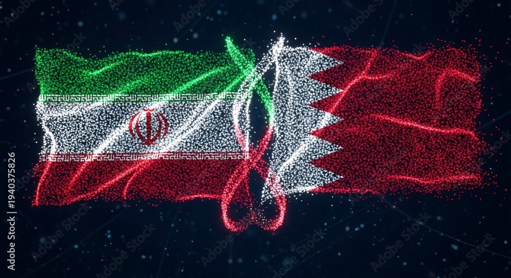 Glowing particle flags of Iran and Bahrain news technology template ...