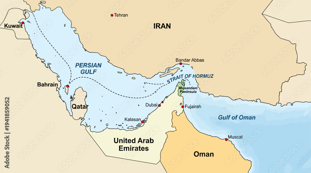 Geopolitical Map of Persian Gulf and Strait of Hormuz featuring Iran ...
