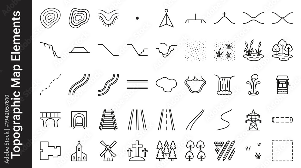 Collection of topographic map symbols and elements for cartography and ...