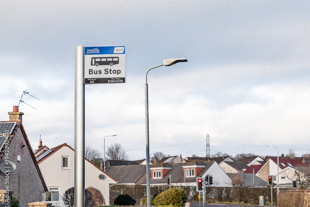 Photo Stock AYR, UK - JANUARY 29, 2026: Bus stop sign installed by ...