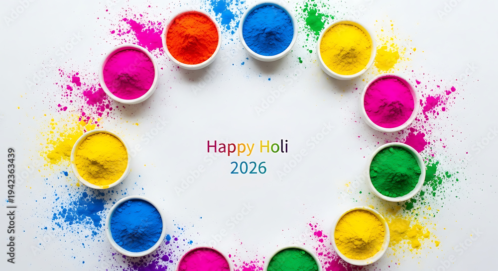Colorful Holi powders arranged in a circle with text Happy Holi 2026 ...