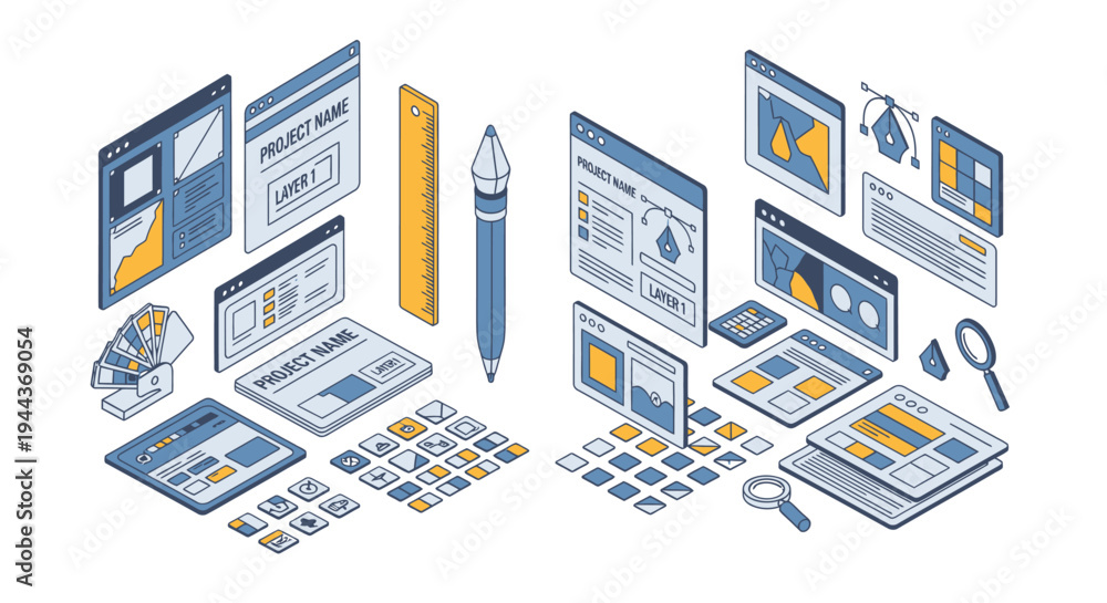 Isometric Digital Design and Development Workflow with UI UX Elements ...