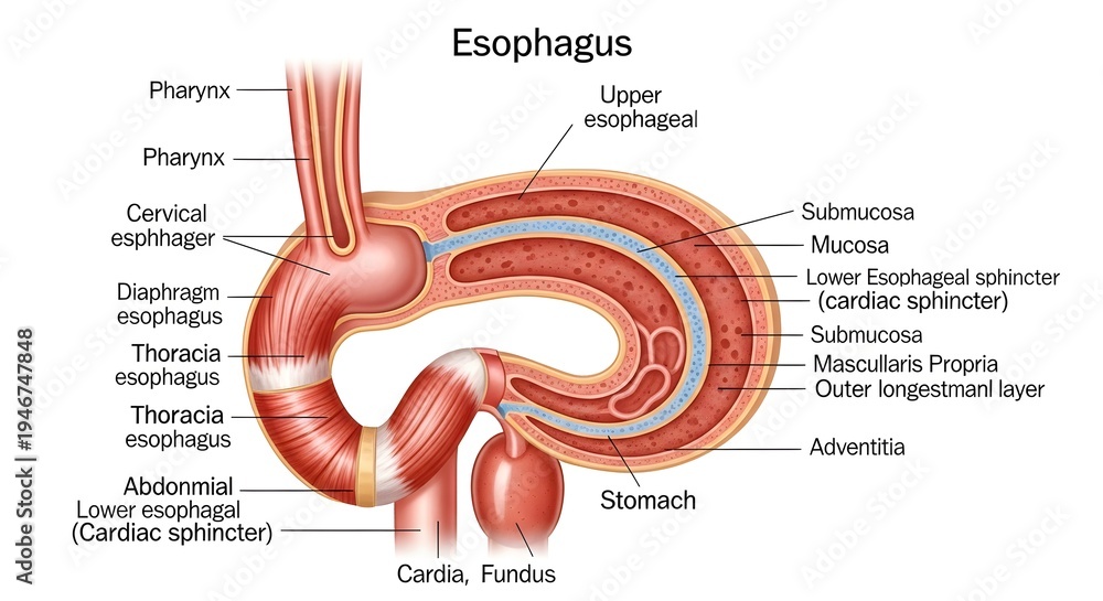 Color diagram of the esophagus showing cervical, thoracic and abdominal ...