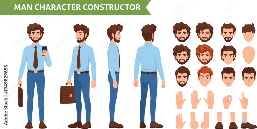 Male business professional character constructor kit, flat 2D vector ...
