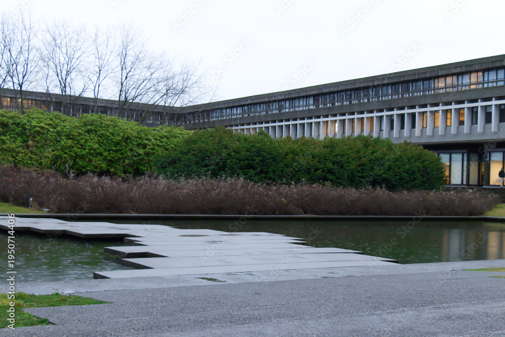 SFU Burnaby campus Academic Quadrangle with reflecting pond, stepping ...