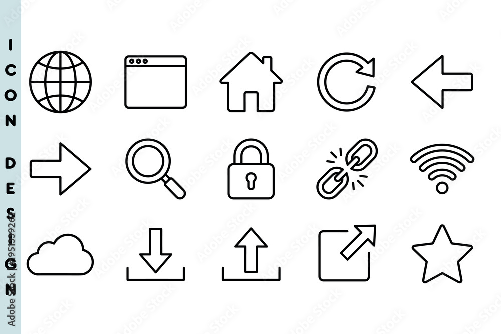 Icon set of outline web browser and internet interface symbols. Linear ...