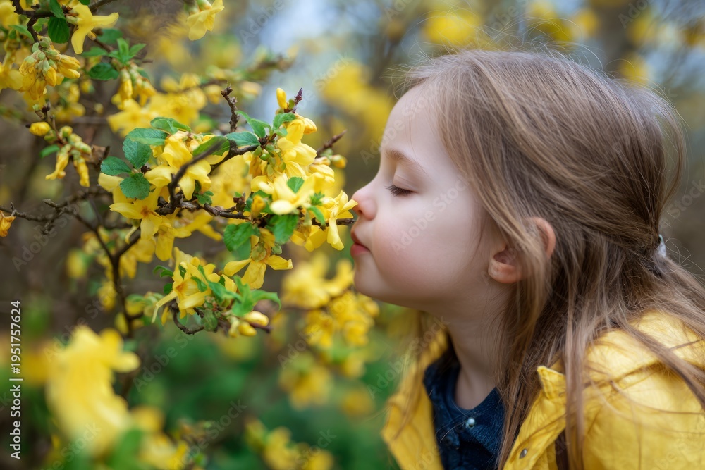 a young girl sniffing at yellow flowers on a tree, in a spring garden ...