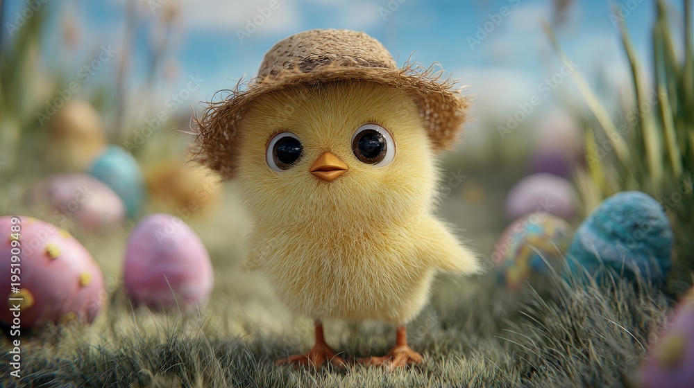 Cute 3D baby chick in a straw hat walking on a spring meadow with ...