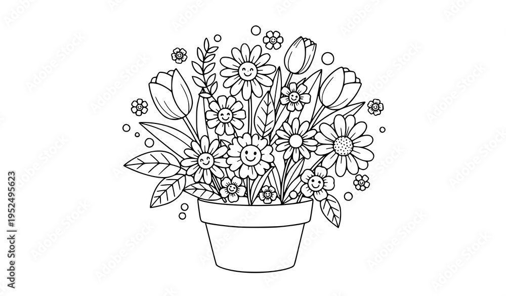 Cute spring flower pot coloring worksheet for kids with fun floral ...