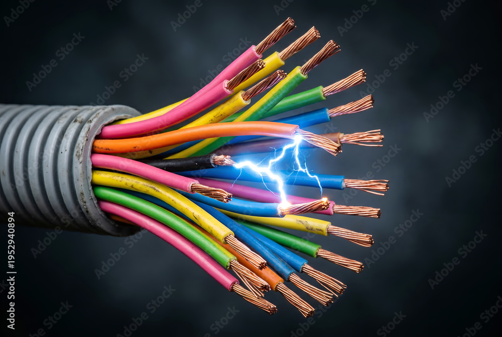 Electrical power arc sparking between exposed copper wires of colorful ...