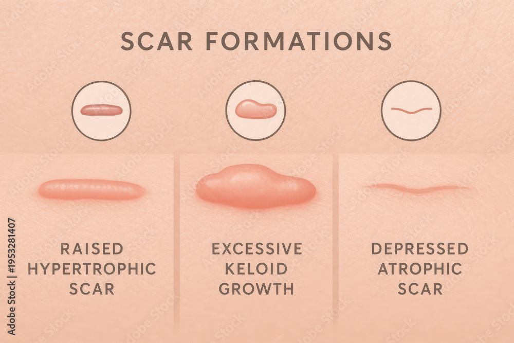 Dermatology awareness visual comparing scar formations on skin. Diagram ...
