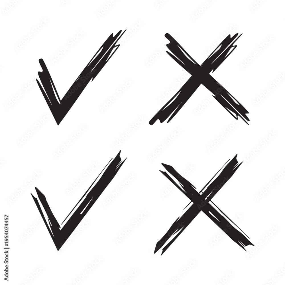 Hand drawn check marks crosses circles and boxes set, sketch style ...