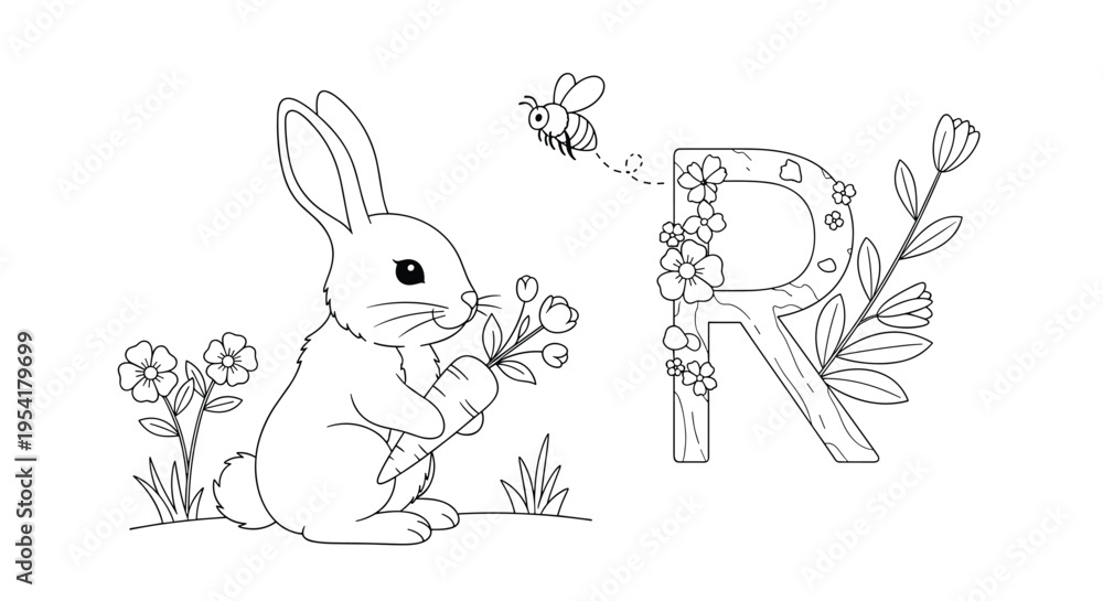 Detailed coloring page for children featuring a rabbit holding a carrot ...