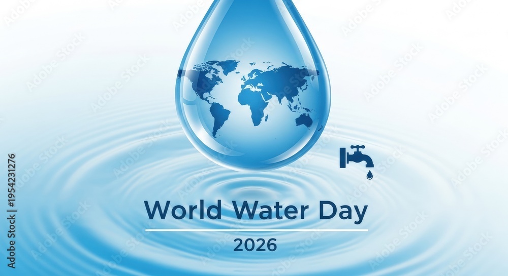 World Water Day 2026 symbol of water drop with world map and ripples ...