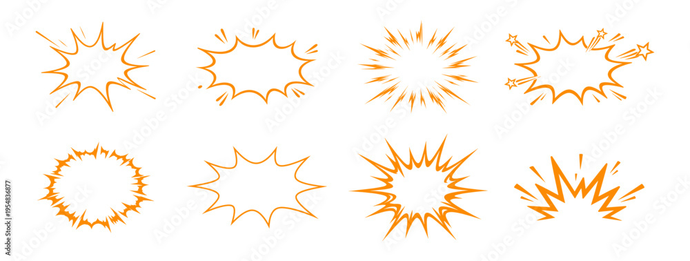 Hand drawn comic explosion burst star shape doodle set, cartoon boom ...