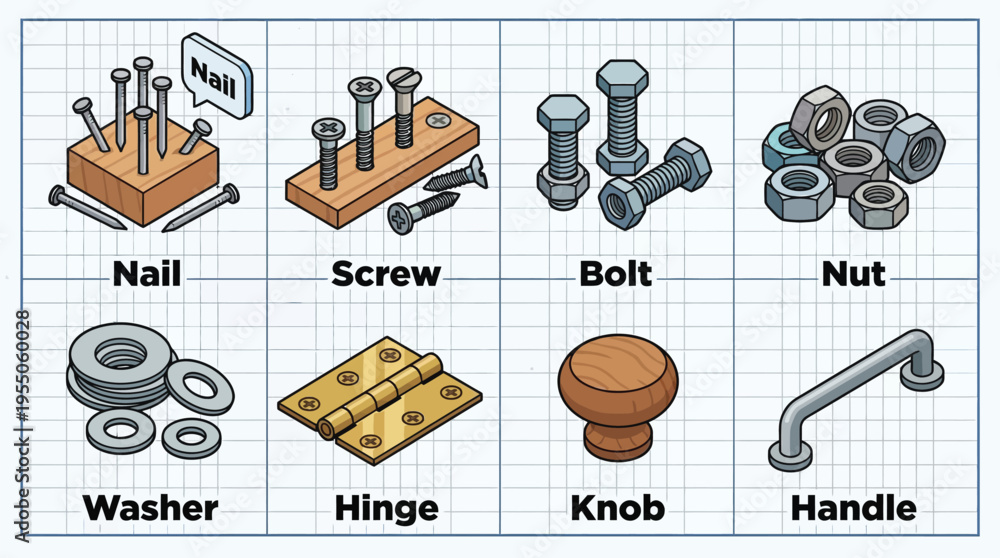Isometric display shows various types of hardware organized into ...